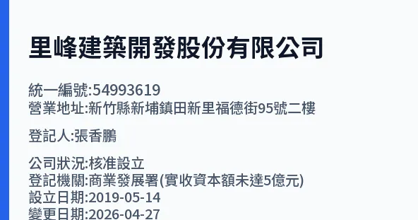 里峰建築開發股份有限公司的照片-統編 54993619(新竹縣) 公司登記資料與營業項目詳細圖表