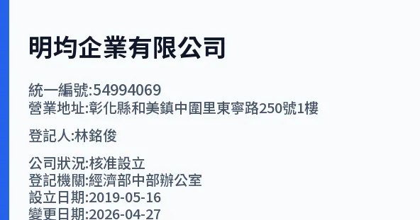 明均企業有限公司的照片-統編 54994069(彰化縣) 公司登記資料與營業項目詳細圖表