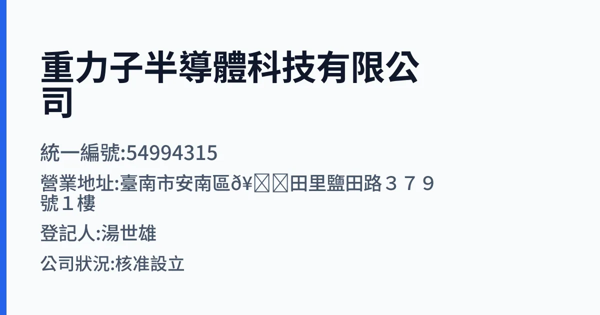重力子半導體科技有限公司 - 統編 54994315(臺南市) 公司登記資料與營業項目詳細圖表