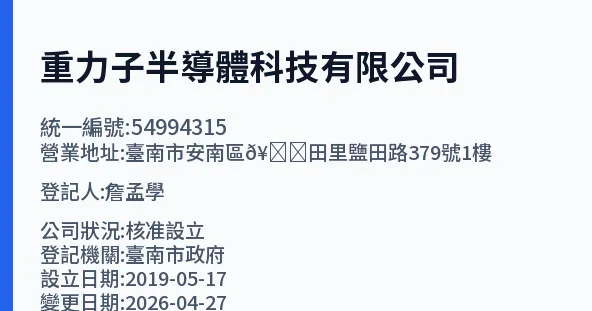重力子半導體科技有限公司的照片-統編 54994315(臺南市) 公司登記資料與營業項目詳細圖表