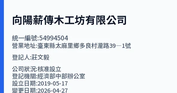 向陽薪傳木工坊有限公司的照片-統編 54994504(臺東縣) 公司登記資料與營業項目詳細圖表