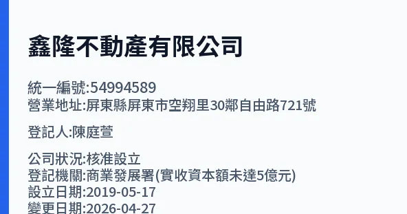 鑫隆不動產有限公司的照片-統編 54994589(屏東縣) 公司登記資料與營業項目詳細圖表
