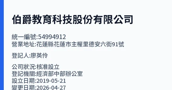 伯爵教育科技股份有限公司的照片-統編 54994912(花蓮縣) 公司登記資料與營業項目詳細圖表