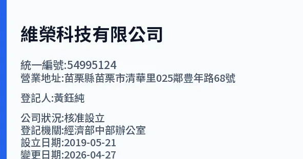 維榮科技有限公司的照片-統編 54995124(苗栗縣) 公司登記資料與營業項目詳細圖表