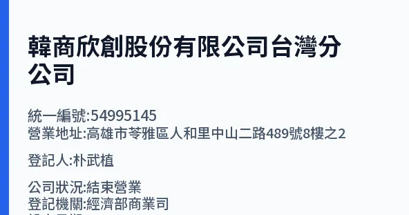 韓商欣創股份有限公司台灣分公司的照片-統編 54995145(高雄市) 公司登記資料與營業項目詳細圖表