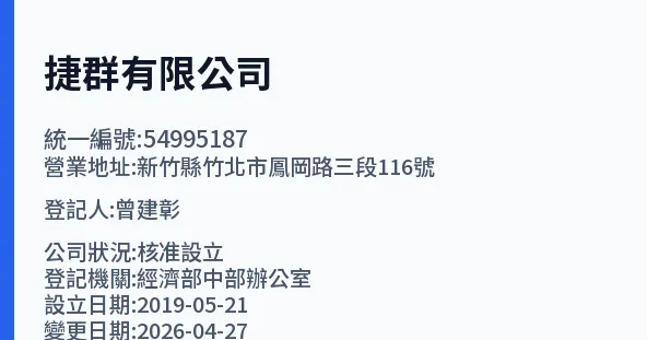 捷群有限公司的照片-統編 54995187(新竹縣) 公司登記資料與營業項目詳細圖表