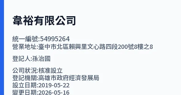韋裕有限公司的照片-統編 54995264(臺中市) 公司登記資料與營業項目詳細圖表