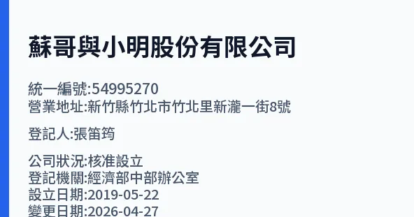 蘇哥與小明股份有限公司的照片-統編 54995270(新竹縣) 公司登記資料與營業項目詳細圖表