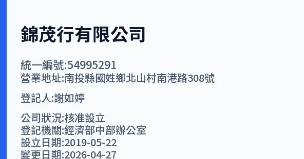 錦茂行有限公司的照片-統編 54995291(南投縣) 公司登記資料與營業項目詳細圖表