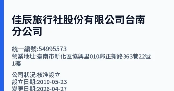 佳辰旅行社股份有限公司台南分公司的照片-統編 54995573(臺南市) 公司登記資料與營業項目詳細圖表
