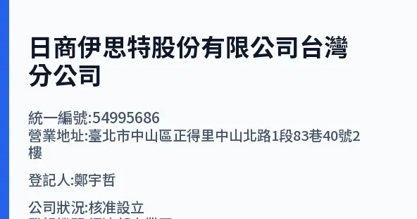 日商伊思特股份有限公司台灣分公司的照片-統編 54995686(臺北市) 公司登記資料與營業項目詳細圖表