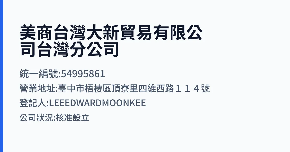 美商台灣大新貿易有限公司台灣分公司 - 統編 54995861(臺中市) 公司登記資料與營業項目詳細圖表