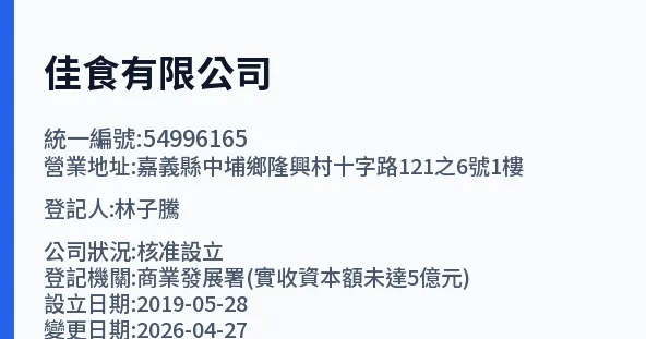 佳食有限公司的照片-統編 54996165(嘉義縣) 公司登記資料與營業項目詳細圖表