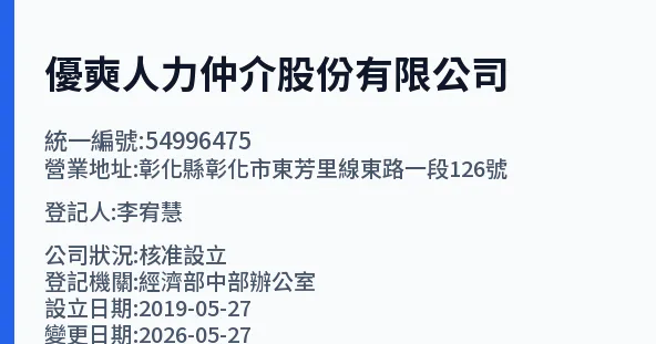 優奭人力仲介股份有限公司的照片-統編 54996475(彰化縣) 公司登記資料與營業項目詳細圖表