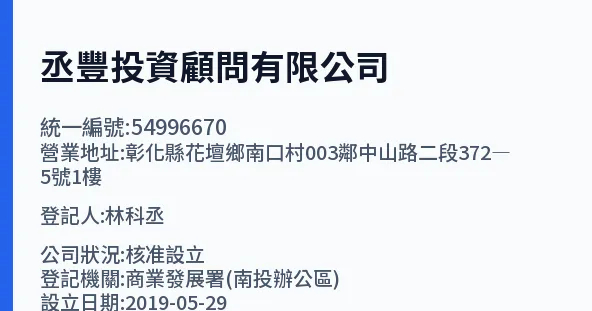 丞豐投資顧問有限公司的照片-統編 54996670(彰化縣) 公司登記資料與營業項目詳細圖表