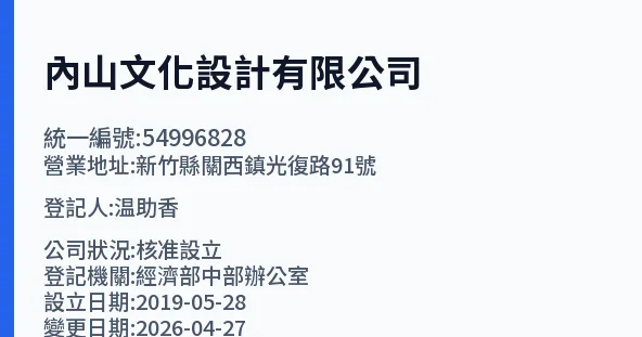 內山文化設計有限公司的照片-統編 54996828(新竹縣) 公司登記資料與營業項目詳細圖表