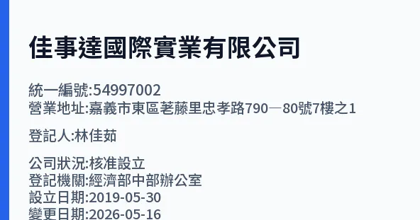 佳事達國際實業有限公司的照片-統編 54997002(嘉義市) 公司登記資料與營業項目詳細圖表