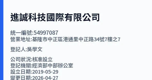 進誠科技國際有限公司的照片-統編 54997087(基隆市) 公司登記資料與營業項目詳細圖表