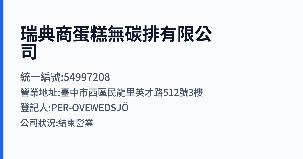 瑞典商蛋糕無碳排有限公司 - 統編 54997208(臺中市) 公司登記資料與營業項目詳細圖表