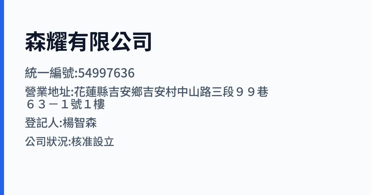 森耀有限公司 - 統編 54997636(花蓮縣) 公司登記資料與營業項目詳細圖表