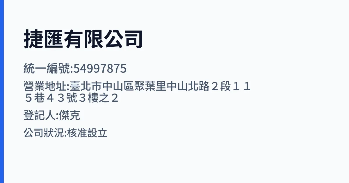 捷匯有限公司 - 統編 54997875（臺北市） 公司登記資料與營業項目詳細圖表