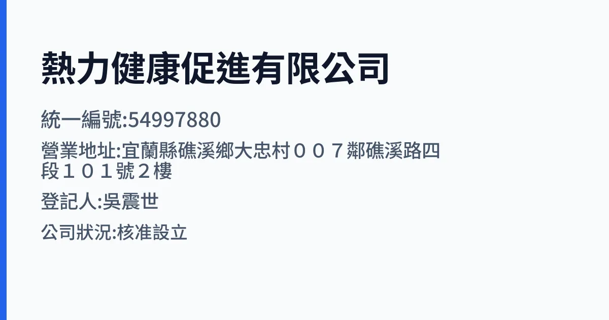 熱力健康促進有限公司 - 統編 54997880(宜蘭縣) 公司登記資料與營業項目詳細圖表