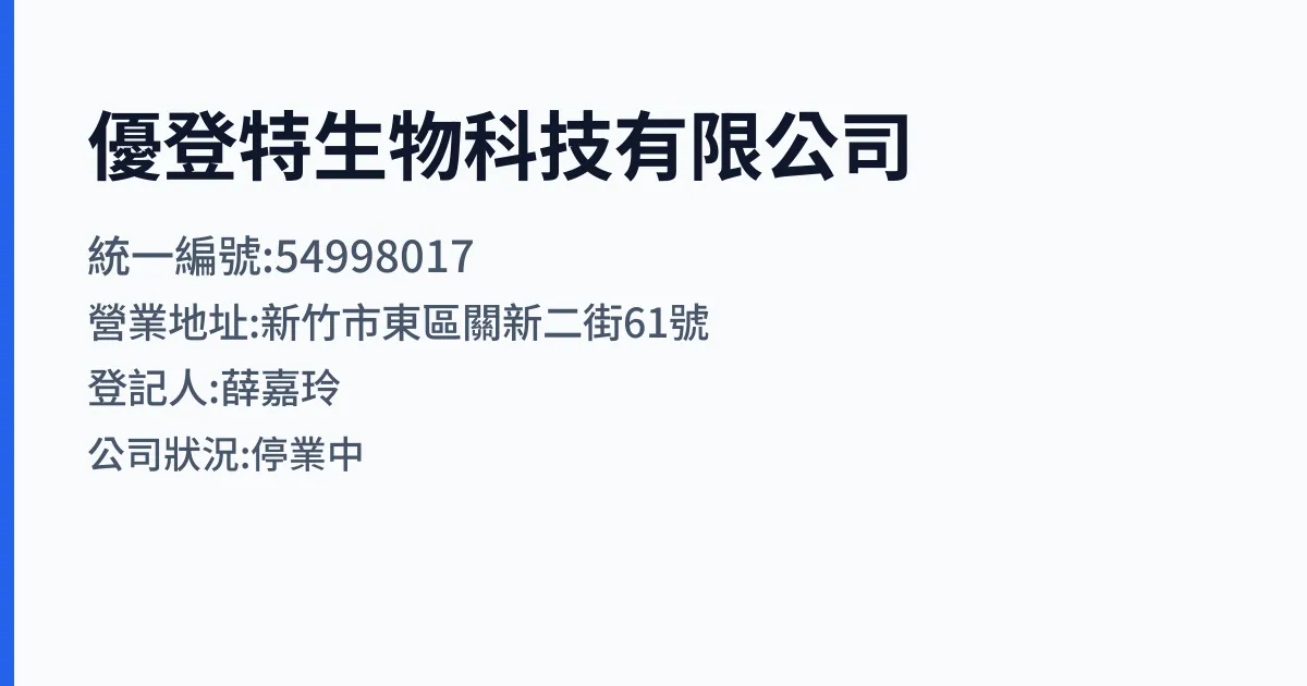 優登特生物科技有限公司 - 統編 54998017(新竹市) 公司登記資料與營業項目詳細圖表