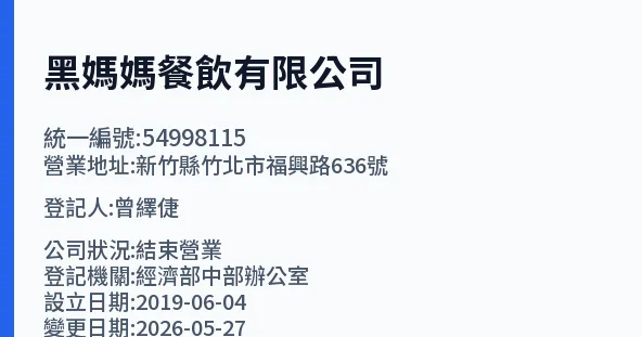黑媽媽餐飲有限公司的照片-統編 54998115(新竹縣) 公司登記資料與營業項目詳細圖表