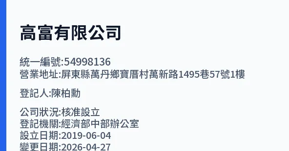 高富有限公司的照片-統編 54998136(屏東縣) 公司登記資料與營業項目詳細圖表