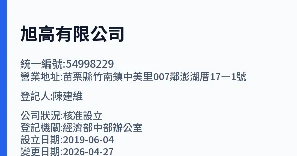 旭高有限公司的照片-統編 54998229(苗栗縣) 公司登記資料與營業項目詳細圖表