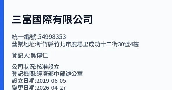 三富國際有限公司的照片-統編 54998353(新竹縣) 公司登記資料與營業項目詳細圖表