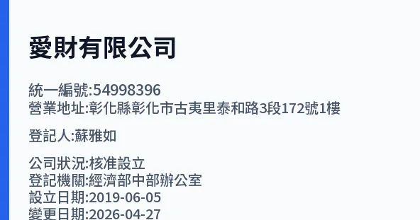 愛財有限公司的照片-統編 54998396(彰化縣) 公司登記資料與營業項目詳細圖表