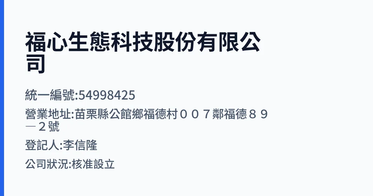 福心生態科技股份有限公司 - 統編 54998425(苗栗縣) 公司登記資料與營業項目詳細圖表