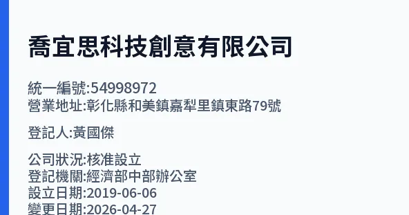 喬宜思科技創意有限公司的照片-統編 54998972(彰化縣) 公司登記資料與營業項目詳細圖表