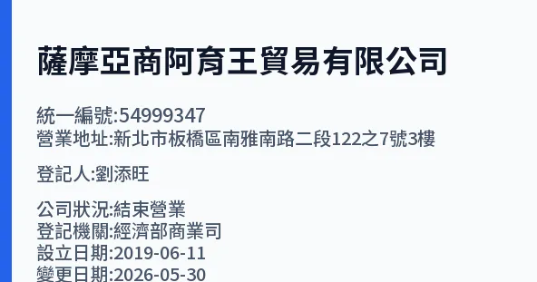 薩摩亞商阿育王貿易有限公司的照片-統編 54999347(新北市) 公司登記資料與營業項目詳細圖表