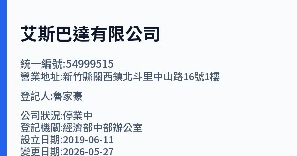 艾斯巴達有限公司的照片-統編 54999515(新竹縣) 公司登記資料與營業項目詳細圖表