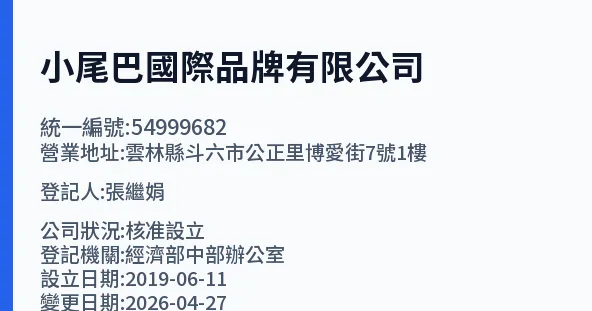 小尾巴國際品牌有限公司的照片-統編 54999682(雲林縣) 公司登記資料與營業項目詳細圖表