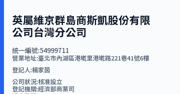 英屬維京群島商斯凱股份有限公司台灣分公司的照片-統編 54999711(臺北市) 公司登記資料與營業項目詳細圖表