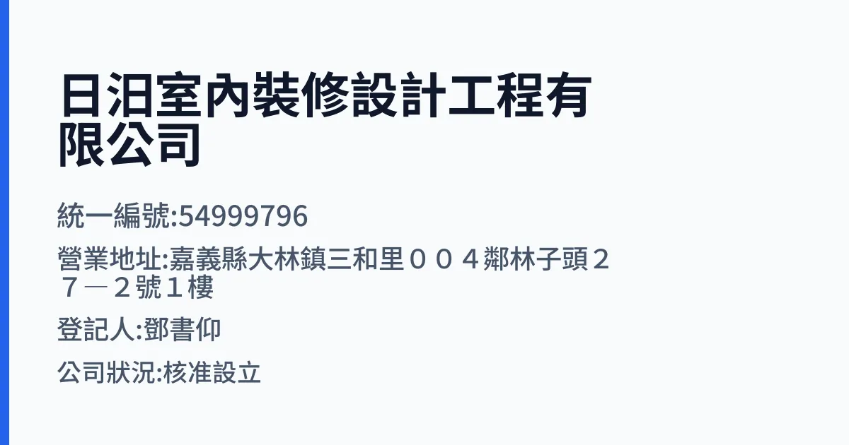 日汨室內裝修設計工程有限公司 - 統編 54999796(嘉義縣) 公司登記資料與營業項目詳細圖表