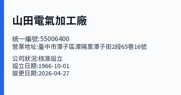 山田電氣加工廠的照片-統編 55006400(臺中市) 公司登記資料與營業項目詳細圖表