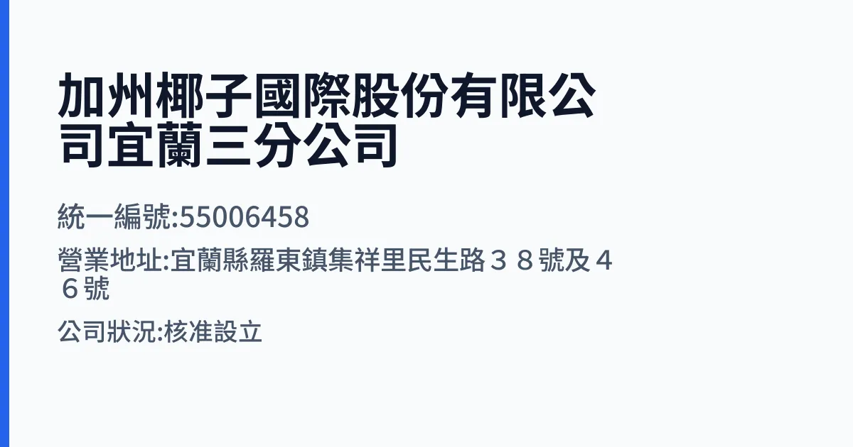 加州椰子國際股份有限公司宜蘭三分公司 - 統編 55006458(宜蘭縣) 公司登記資料與營業項目詳細圖表