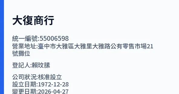 大復商行的照片-統編 55006598(臺中市) 公司登記資料與營業項目詳細圖表