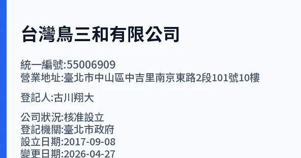 台灣鳥三和有限公司的照片-統編 55006909(臺北市) 公司登記資料與營業項目詳細圖表