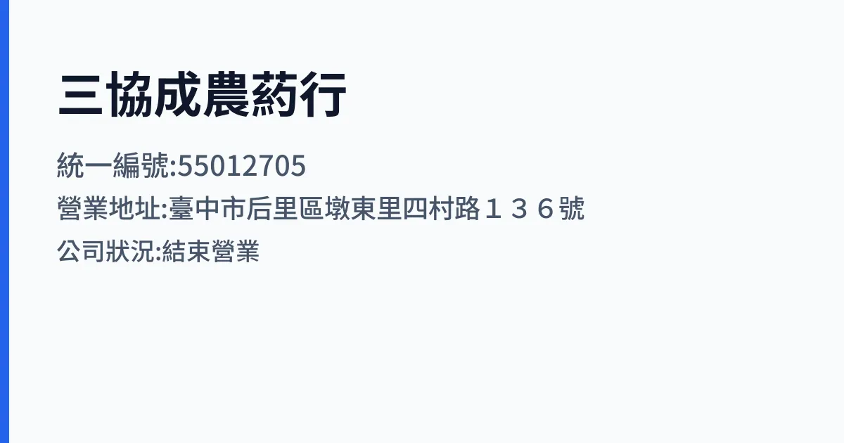 三協成農葯行 - 統編 55012705(臺中市) 公司登記資料與營業項目詳細圖表