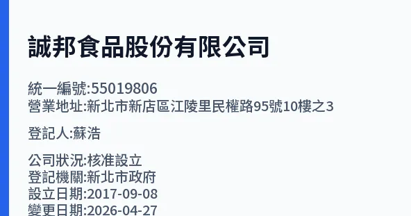 誠邦食品股份有限公司的照片-統編 55019806(新北市) 公司登記資料與營業項目詳細圖表