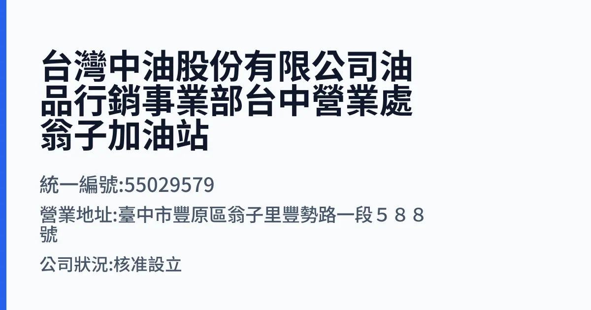 台灣中油股份有限公司油品行銷事業部台中營業處翁子加油站 - 統編 55029579（臺中市） 公司登記資料與營業項目詳細圖表