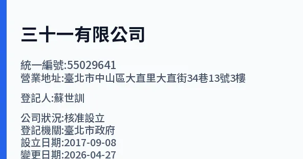 三十一有限公司的照片-統編 55029641(臺北市) 公司登記資料與營業項目詳細圖表