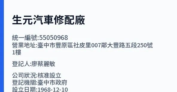 生元汽車修配廠的照片-統編 55050968(臺中市) 公司登記資料與營業項目詳細圖表