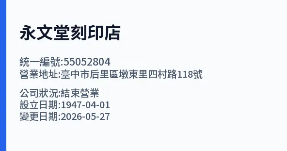 永文堂刻印店的照片-統編 55052804(臺中市) 公司登記資料與營業項目詳細圖表