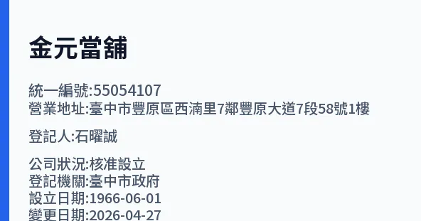 金元當舖的照片-統編 55054107(臺中市) 公司登記資料與營業項目詳細圖表